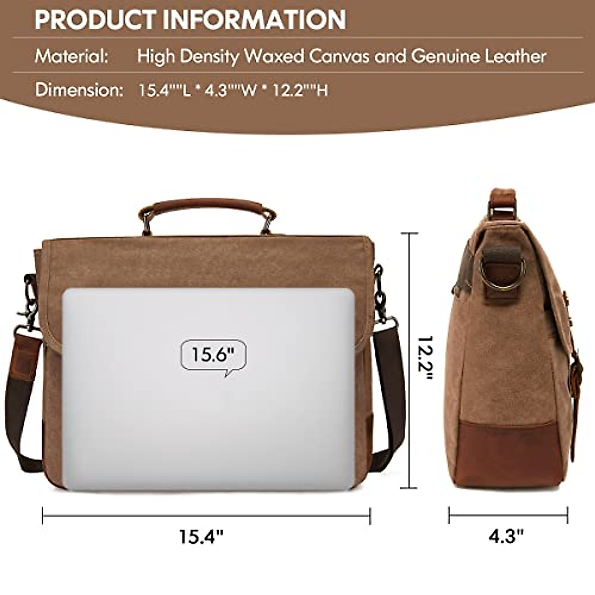 Mens Messenger Bag 15.6 Inch Waterproof Vintage Genuine Leather Waxed Canvas Briefcase Retro Office Computer Laptop Bag Large Satchel Shoulder Bag for Men Women, Brown