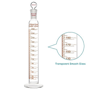 stonylab Measuring Cylinder with Stopper, 250 ml Heavy Wall Borosilicate Glass Measuring Graduated Cylinder with 24/40 Standard Ground Joint and Flat Head Stopper, 1 Pack