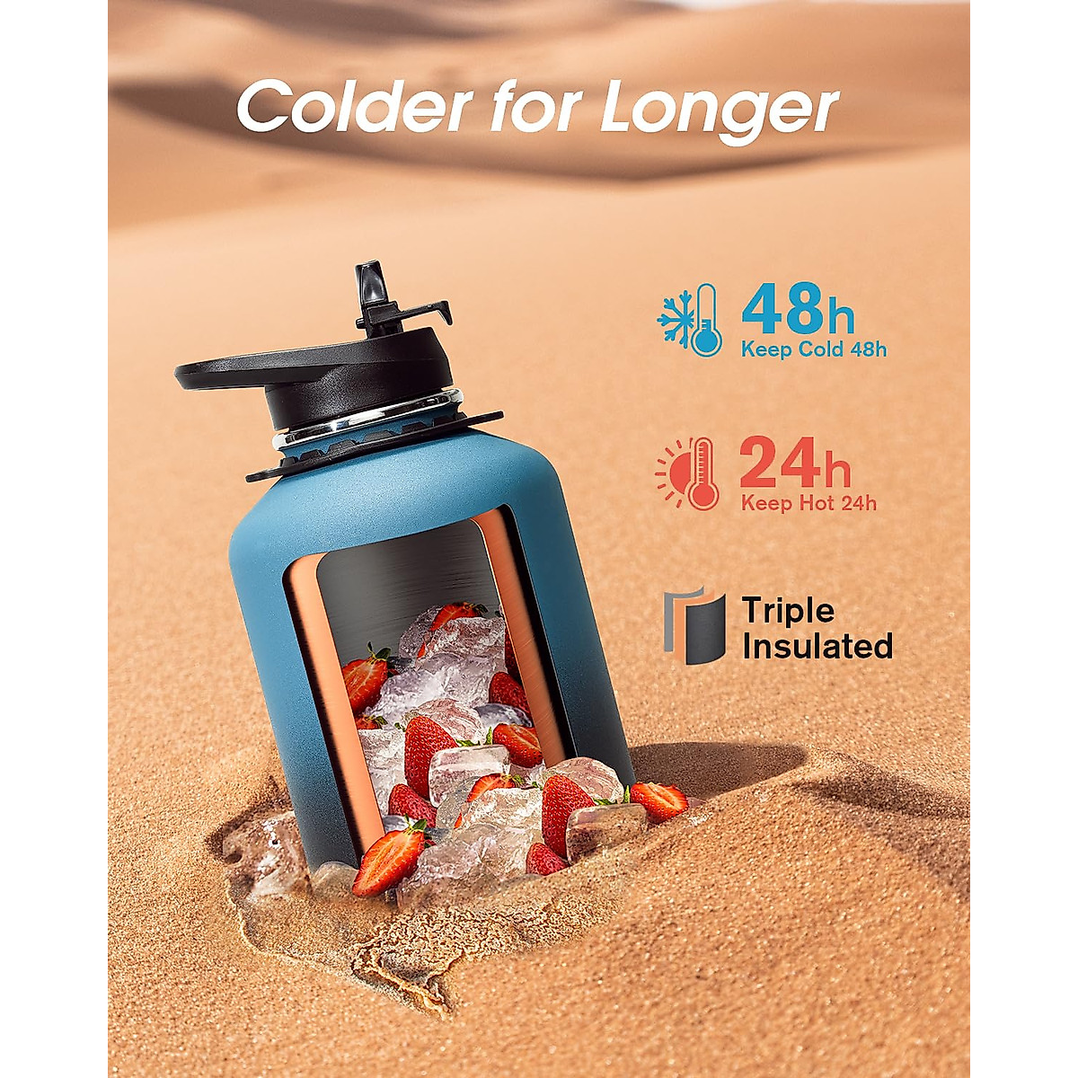 Coolflask 64 oz Water Bottle Insulated with Strap, Half Gallon Water Jug Stainless Steel with Straw & Spout Lids, Metal Large Water Flask, Keep Cold 48h Hot 24h, Leak Proof & Non-BPA, Prussian Blue