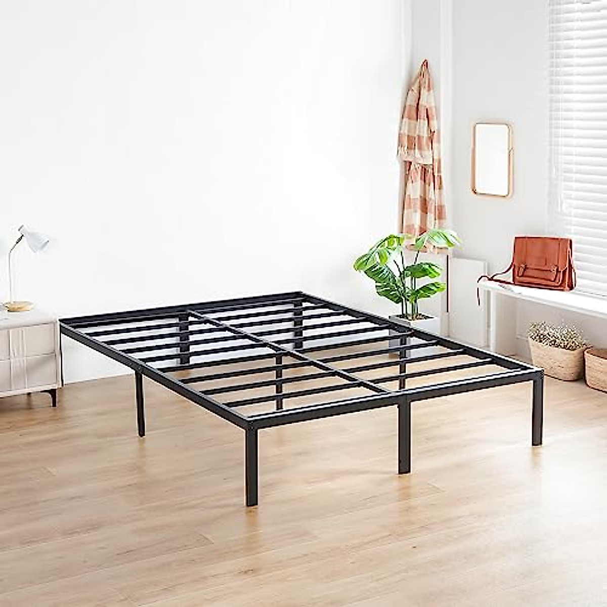 Olee Sleep 14 Inch Heavy Duty Steel Slat Anti-slip Support Easy Assembly Mattress Foundation Bed Frame Maximum Storage Noise Free No Box Spring Needed, Metal, Black