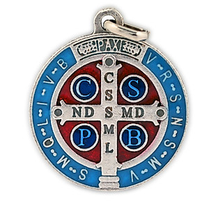 St. Benedict Medal with Blue and Red Enamel | Patron Saint of Students and Europe | Great Catholic Gift for First Holy Communion and Confirmation | Made in Italy
