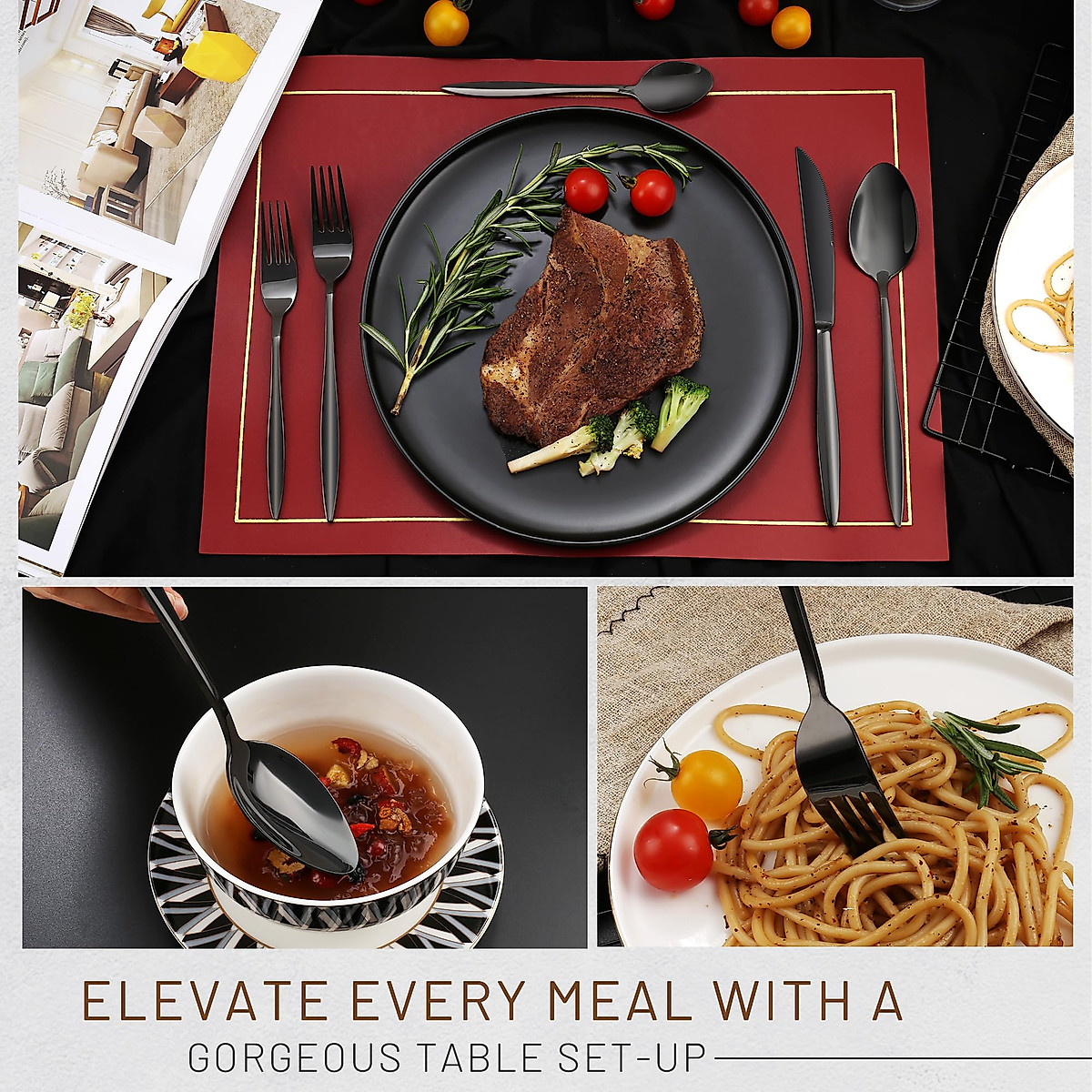 PUREAIN Silverware Set, 40 Pieces Flatware Set for 8, Anti-rust Stainless Steel Cutlery Set Including Fork Spoon and Knife, Dishwasher Safe, Black