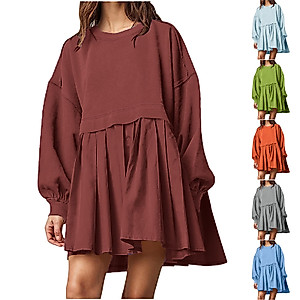 Womens Mini Sweatshirt Dress Oversized Patchwork Color Block Pleated Dresses Long Sleeve Crewneck Pullover Tops