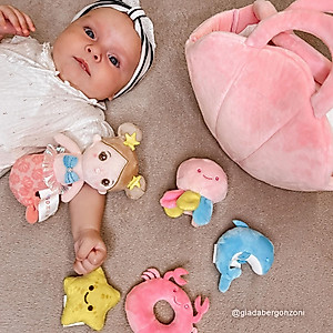 OUOZZZ 15" Soft Baby Doll for Girls Black Hair Pink Dress & Baby Girl Gifts Mermaid Toys - 6 Pieces Plush Toys Stuffed Animal Playset