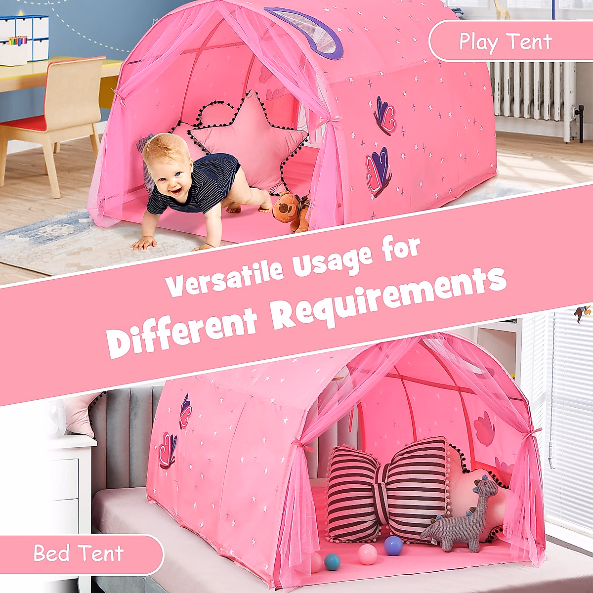 Costzon Kids Dream Bed Tent, Portable Baby Playhouse Privacy Space Twin w/Double Net Curtain, Princess Tent w/Inner Pocket & Carrying Bag, Children Play Tent for Girls (Pink)