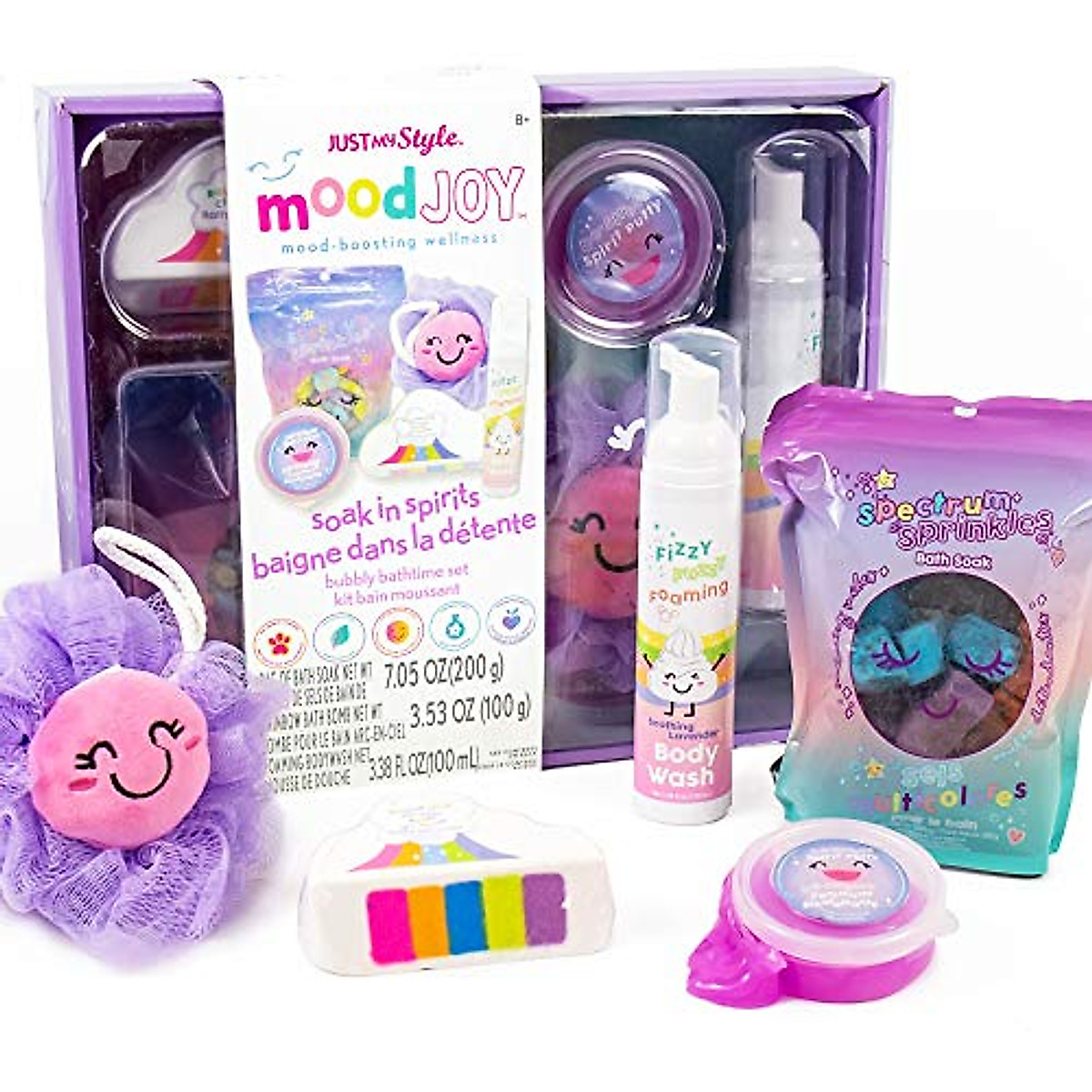 Just My Style MoodJoy Soak in Spirits Bubbly Bath Time Set by Horizon Group USA, Bath Spa Essentials, Lavender Bubble Bath, Rose Bath Soak, Magic Rainbow Bath Bomb, Aromatherapy Bath Kit, Bath Set