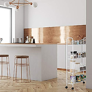 4 Tier Slim Slide Out Storage Rack, Kitchen Gap Shelf with Wheels Storage Basket for Bathroom Home Organizer Storage Shelf for Narrow Spaces, White