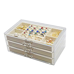DQUTAR Acrylic Jewelry Organizer with 3 Drawers, Velvet Clear Jewelry Box for Earring Necklace Ring & Bracelet Display Storage Case for Women Girls
