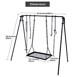 Lineslife Grill Swing Hanging Campfire Cooking Stand with Adjustable Iron Grill Grate, Collapsible Campfire Cooking Rack with Hooks and Accessories for BBQ Picnic, Outdoor Camping Cookware, Dutch Oven