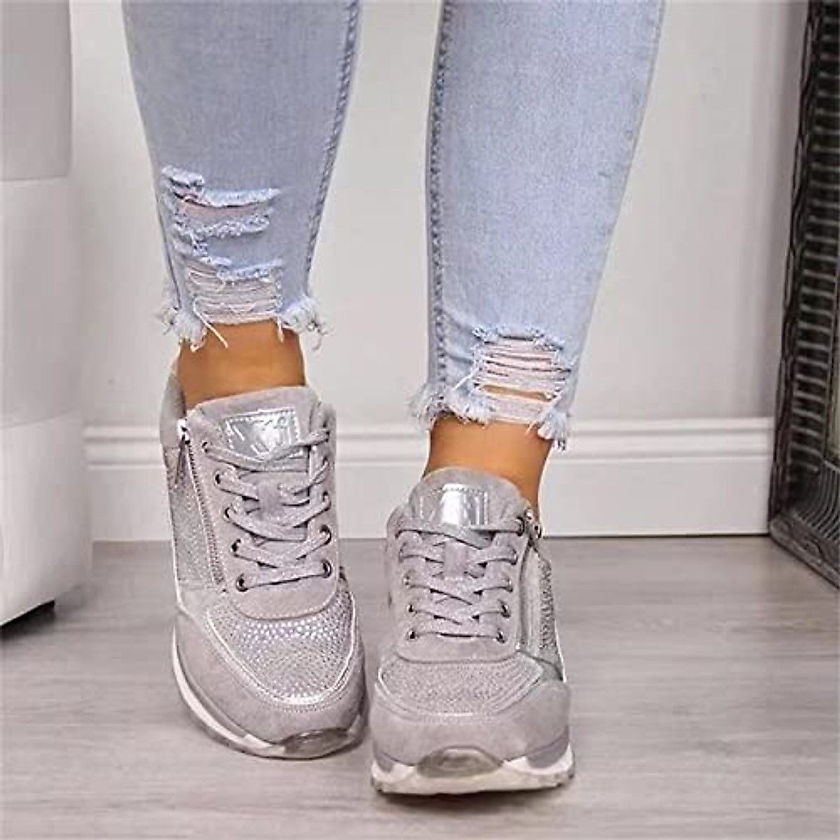 Ladmiple Womens Tennis Shoes Women's Running Shoes Non Slip Athletic Tennis Walking Sneakers Classic Casual Fashion Slip On Comfort Platform Shoes Grey