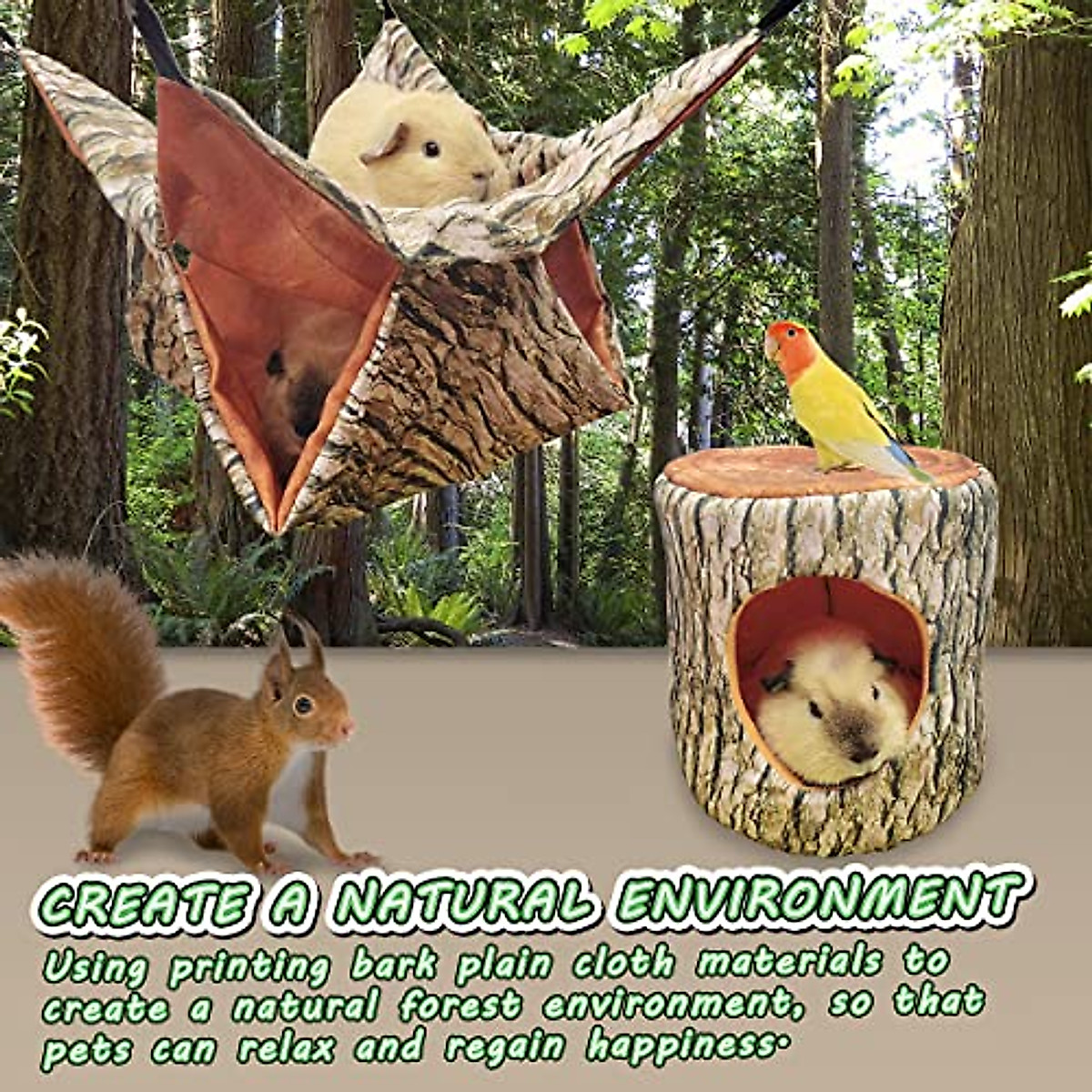 EAEDMY Guinea Pig Rat Ferret Tree Hole Bed and Hammock Tunnel, Ferret Hanging Bunk Bed Hammock, Parrot Bird Tree Hole, Small Animals Hideout and Soft Bed (1.Tree Hole Bed and Hammock)