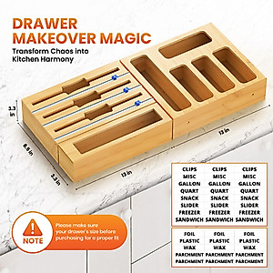 mHomeBilt Bag Storage Organizer with Foil and Saran Wrap Dispenser With Cutter For Kitchen Drawer - 9 in 1 Bamboo Plastic Food Bag Storage Containers Perfect For Gallon, Quart Bags & 12" Rolls