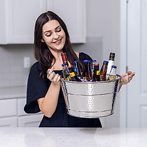 BREKX Stainless Steel Ice Bucket Round - Leak-Resistant Champagne Bucket - Hammered Drink Cooler for Parties - 15 Quarts - Metal Gift Basket for Wedding, Anniversary, or Housewarming