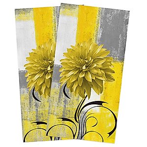 Chic Decor Home Kitchen Towels Yellow Dahlia Flowers Tea Towel Microfiber Absorbent Washable Floral Abstract Gray White Hand Dish Cleaning Cloth for Kitchen Bathroom, 18 x 28 Inch, Dahlia4050, 2-PACK
