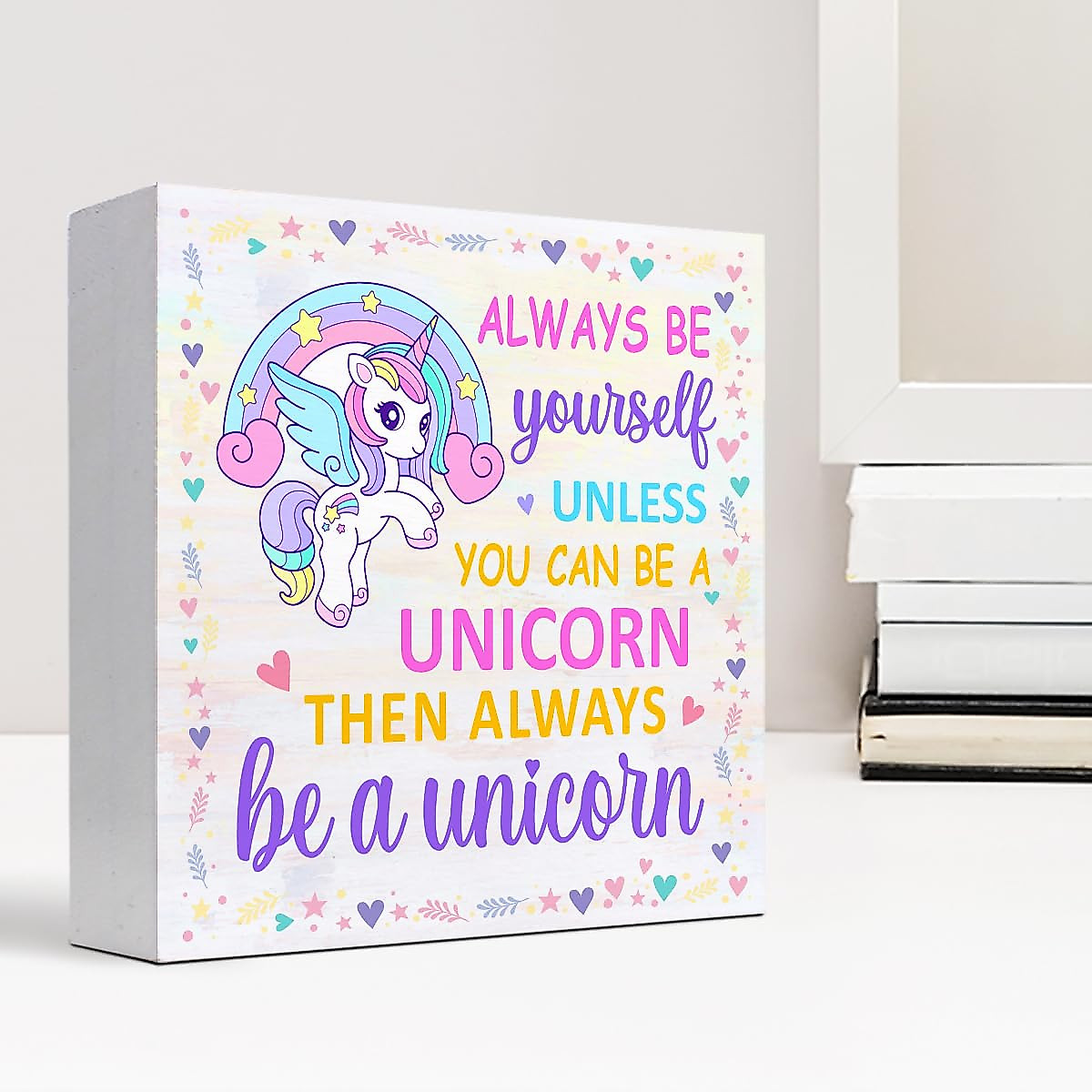 Always Be Yourself Unless You Can Be a Unicorn Inspirational Wood Block Sign Desk Decor,Cute Unicorn Wooden Box Plaque Sign Desk Decor for Nursery Girls Room Bedroom Playroom Decorations