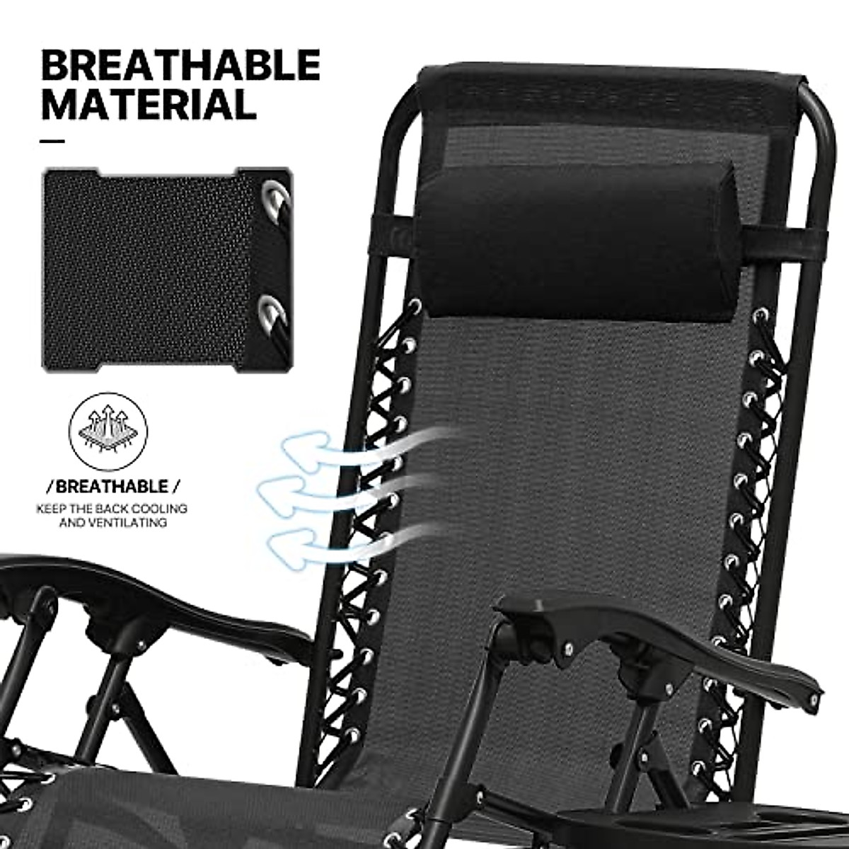 MoNiBloom 2 Pack Patio Zero Gravity Chair Outdoor Folding Adjustable Reclining Black Chairs Pool Side Beach Lawn Lounge Chair with Pillow and Cup Holder, 330lbs Capacity, Black