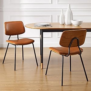 Art Leon Dining Chairs, Set of 2, Mid Century Modern Faux Leather Dining Room Chairs with Bentwood, Armless Accent Chairs with Black Metal Legs for Kitchen Living Room, Brown