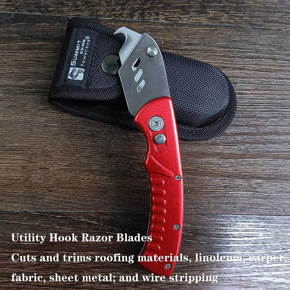 Utility Knife/Box Cutter/Electrician knife/Carpet knife Folding with Safe Lock-Back+Nylon Pouch+10 Extra SK5 Replacement Blades+10 Utility Hook Razor Blades Red