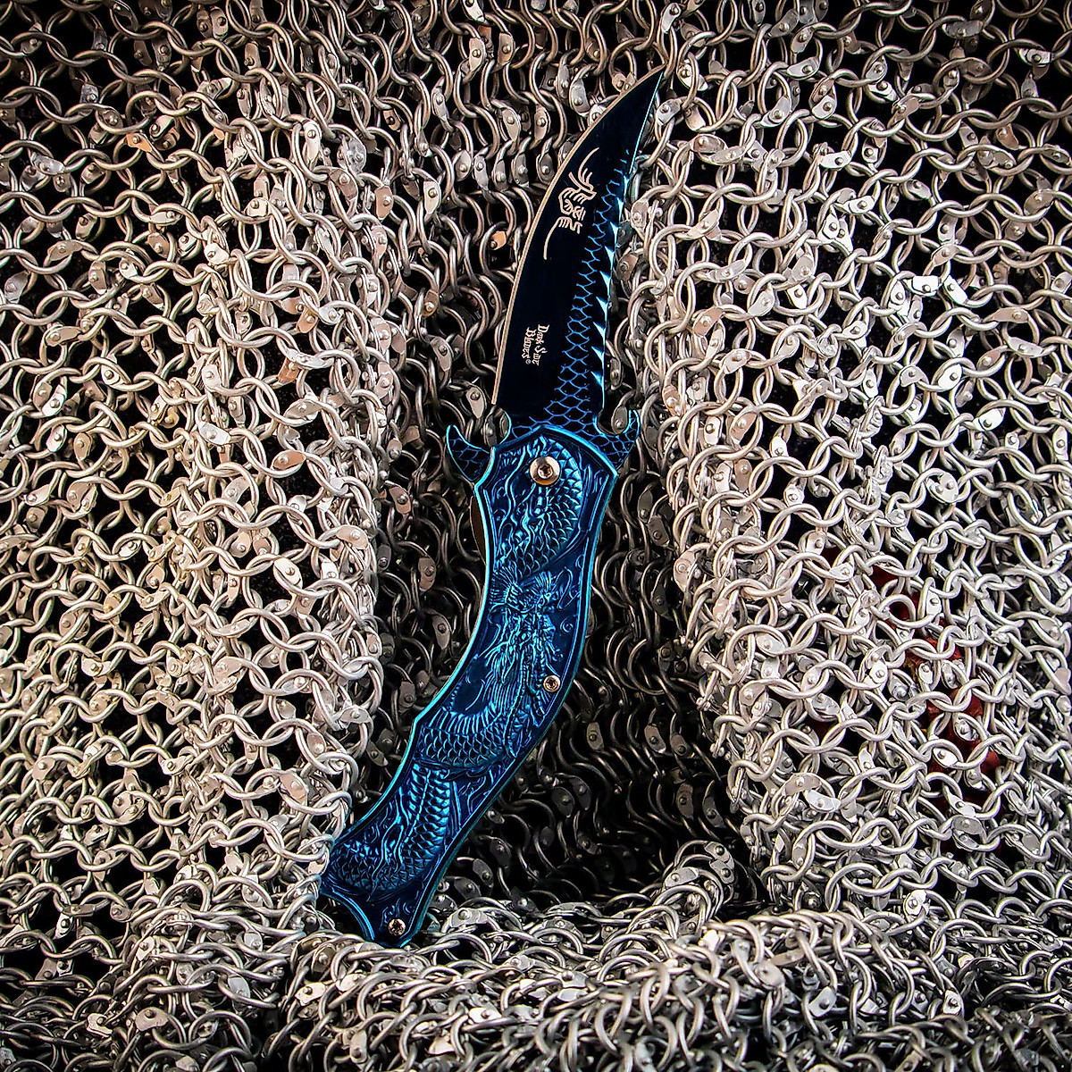 Dark Side Ballistics Spring Assisted Knife, DS-A019BL-MC, 3CR13 Stainless Steel, Blue TiNite Coated, Dragon Theme, Pocket Clip, EDC, Fantasy, Collectible