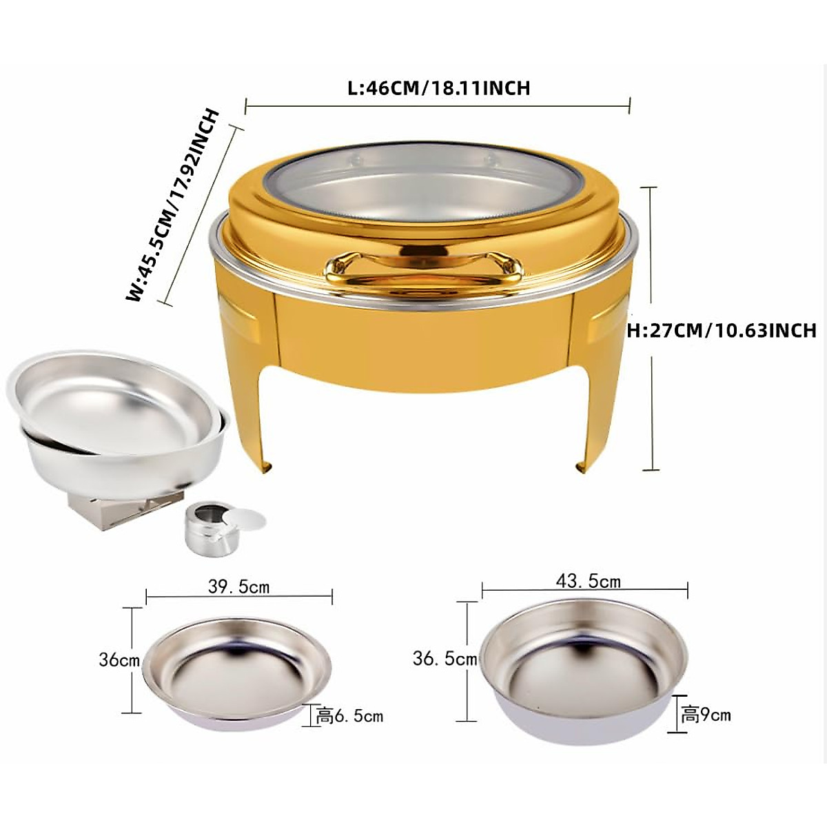 HONHPD 1 Pcs 6.8QT Round Chafing Dish Buffet Set,Gold Stainless Steel Buffet Servers and Warmers,Round Chafer Food Warmer with Glass Window Hydraulic Lid & Holder for Wedding Parties Catering,Golden