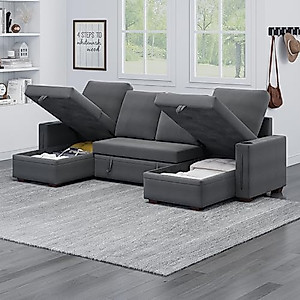 Ball & Cast 96.5" Convertible Sectional Pull Out Couch with Double Storage Chaise&Cup Holders, 4 Seat U-Shaped Sleeper Sofa-Bed w/Removable Cushions for Living Room Apartment Small Spaces, Dark Gray