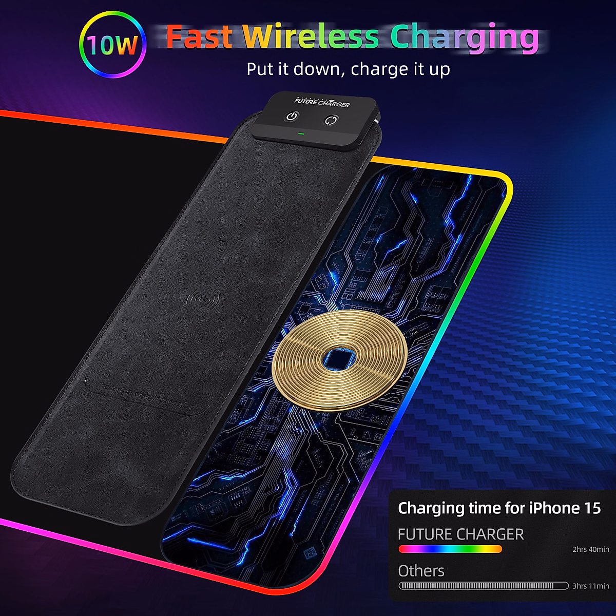 RGB Gaming Mouse Pad with Wireless Charging 10W, 31.5"x11.8" X-Large Desk Mat Protector, [9 Light Modes] [Light Switch] [Non-Slip Rubber Base] [Waterproof] Keyboard Mat