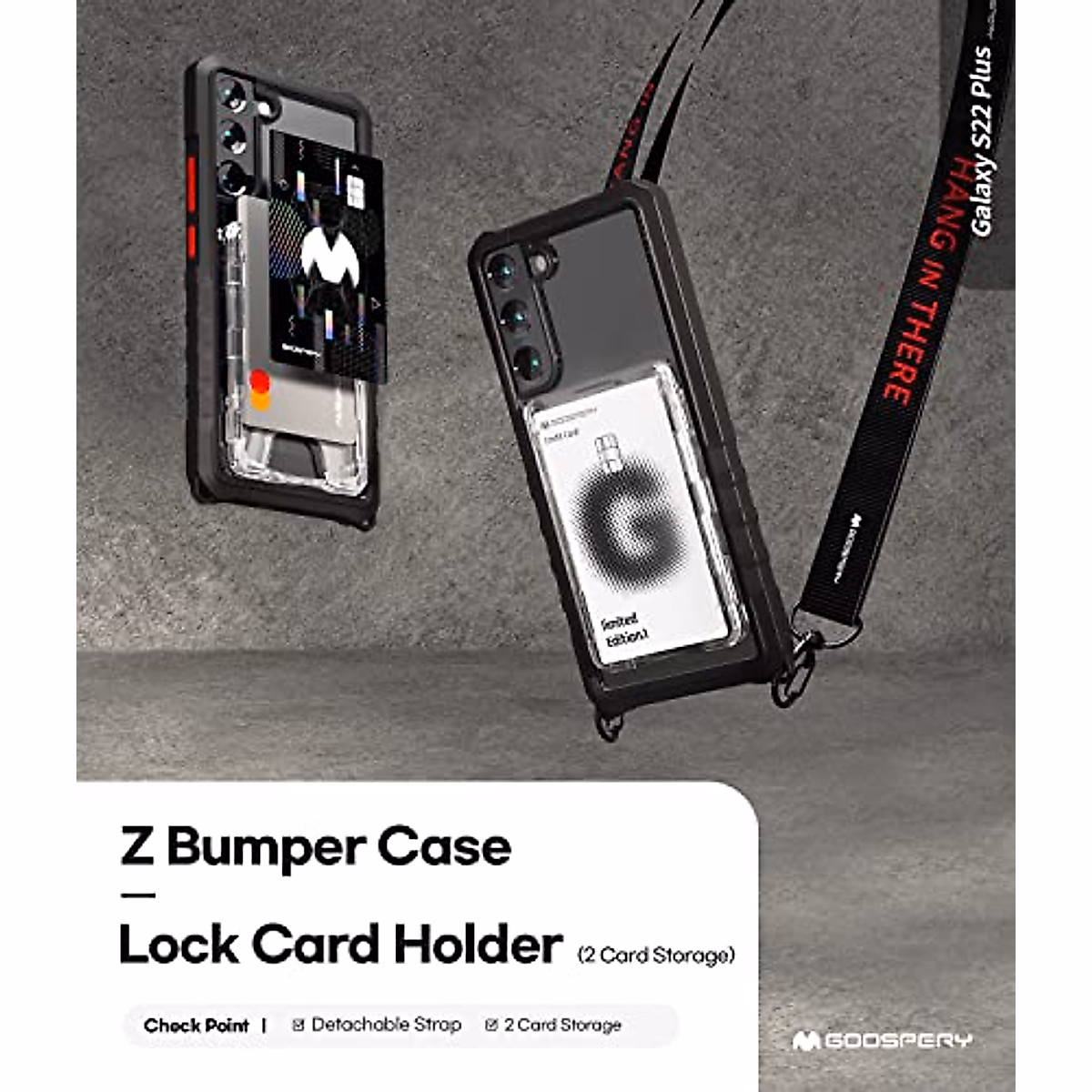 GOOSPERY Z Bumper Designed for Galaxy S22 Plus Case, Shock Absorbing Dual Layer Structure TPU Edge Clear Back Cover [with Detachable Clear Card Holder] Stick On Phone Wallet