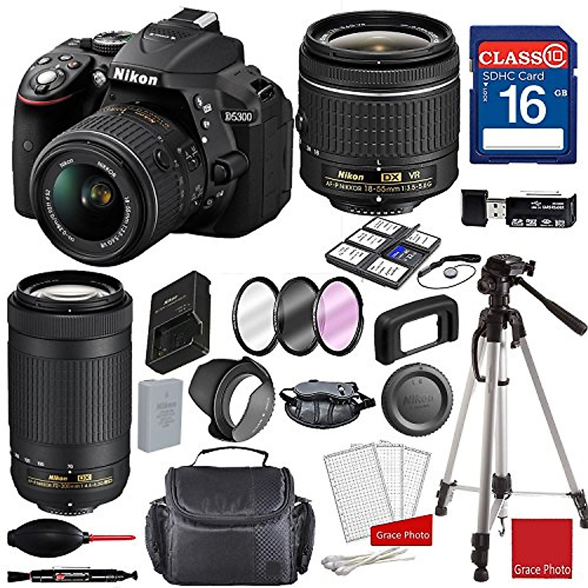 Nikon D5300 DX-Format Digital SLR w/AF-P DX NIKKOR 18-55mm f/3.5-5.6G VR Lens, AF-P DX NIKKOR 70-300mm f/4.5-6.3G ED, Professional Accessory Bundle (18 Items)