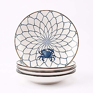 YALONG Ceramic Japanese Dinner Plates Set 7 Inch Appetizer Shallow Plates Serving Lunches, Cheese Salad, Dessert Set of 4 Assorted Motifs Microwave & Dishwasher Safe