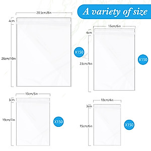 Kosiz 600 Pcs Clear Cellophane Bag Plastic Shirt Bag Poly Bag Bulk Resealable Cellophane Poly Bags Adhesive Bag for Clothes Shipping(4''x 6'', 5''x 7'', 6'' X 9", 8'' X 10")