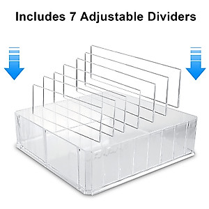 Bawuie Lid Organizer for Food Storage Container, Plastic Lid Holder with 7 Adjustable Dividers for Kitchen Pantry Cabinet and Drawer, Countertop Cupboard Lid Organization, Medium, Clear