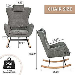 BOSTANA Rocking Chair Nursery,Wood Teddy Upholstered Rocker Chair with Adjustable High Backrest,Soft Armrests and Movable Headrest, Accent Glider Armchair for Living Room, Bedroom,Lounge (Gray)