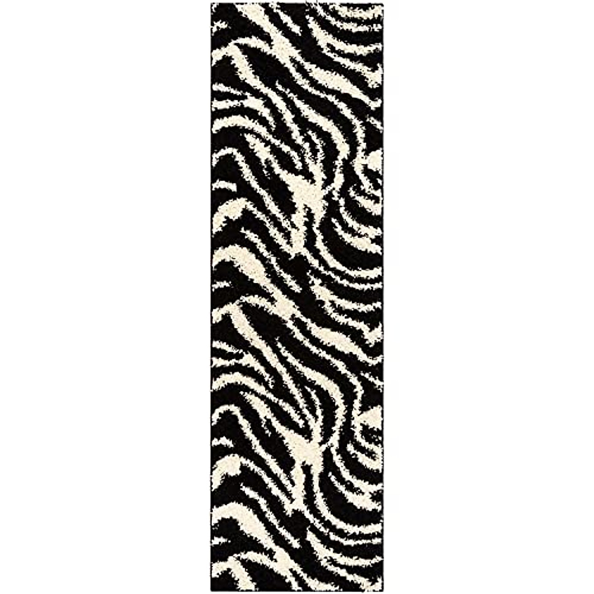 Well Woven Modern Animal Print 2x7 (2'' x 7'3'' Runner) Area Rug Shag Zebra Black& Ivory Plush Easy Care Thick Soft Plush Living Room