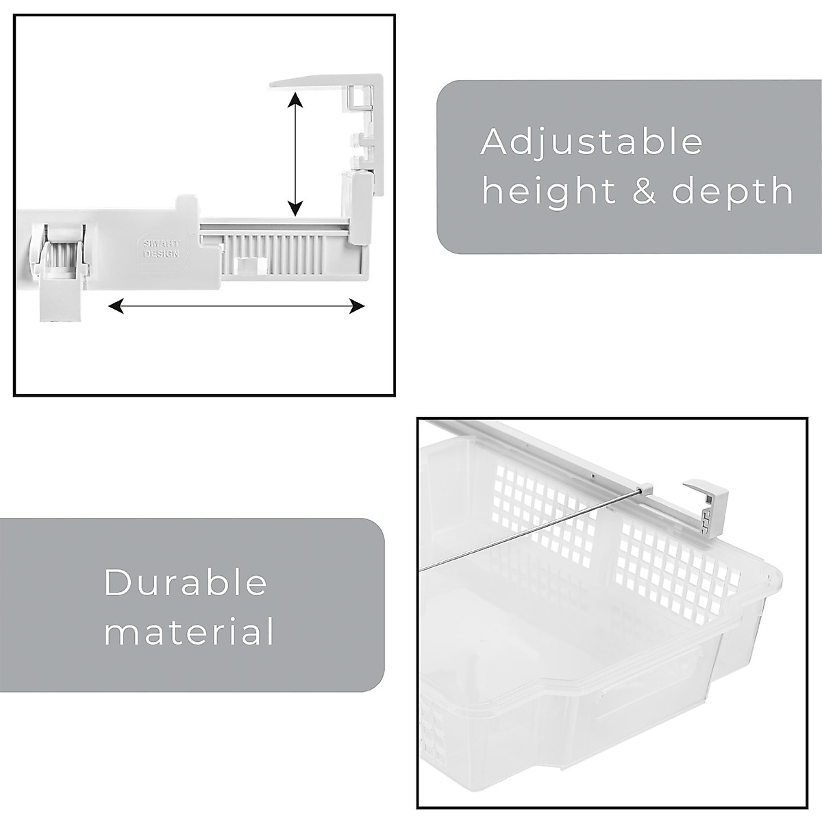 Smart Design Adjustable Pull Out Refrigerator Drawer - Extra Large - BPA Free Plastic - Holds 20 lbs - Extendable Sliding Fridge Bin, Freezer, Pantry Food Holder Storage Organizer - Kitchen - Clear