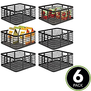 mDesign Steel Metal Wire Kitchen Food Storage Organizer Bin Basket for Pantry Organization - Wired Farmhouse Basket with Handle for Shelves - Carson Collection - 6 Pack, Matte Black