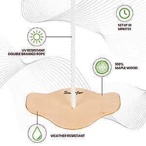 Swurfer Swift - Maple Wood Disc Swing for Kids Ages 4 and Up, Holds up to 150 Pounds - Includes 18" Curved Seat Swing with Heavy Duty Braided Rope, Brown