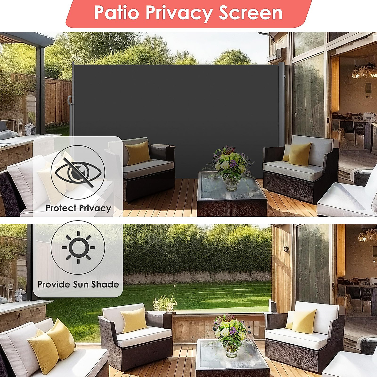 Retractable Side Screen Awning, UV Resistant, Waterproof, Patio Privacy Screen for Garden, Balcony, Courtyard(Dark Grey), 118.1" x 70.9"