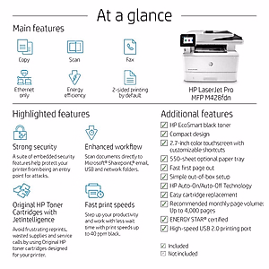 HP Laserjet Pro MFP M428fdn All-in-One Wired Ethernet only Monochrome Laser Printer, White - Print Scan Copy Fax - 2.7" Touch, 40 ppm, 1200x1200 dpi, Auto 2-Sided Printing, 50-Sheet ADF, Cbmou Webcam