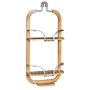 Zenna Home NeverRust Aluminum and Bamboo Hanging Shower Caddy, 2-Shelf Organizer with Hooks, Rustproof and No Drilling, Satin Chrome