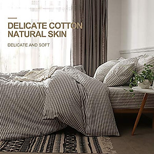JELLYMONI 100% Natural Cotton 3pcs Striped Duvet Cover Sets,White Duvet Cover with Grey Stripes Pattern Printed Comforter Cover,with Zipper Closure & Corner Ties(Queen Size)