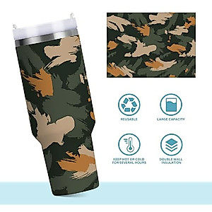 GKCLOCK 40 oz Tumbler with Handle and Straws, Insulated Reusable Stainless Steel Travel Coffee Mug Water Bottle for Office & Outdoor, Cupholder Friendly (Camouflage Style)
