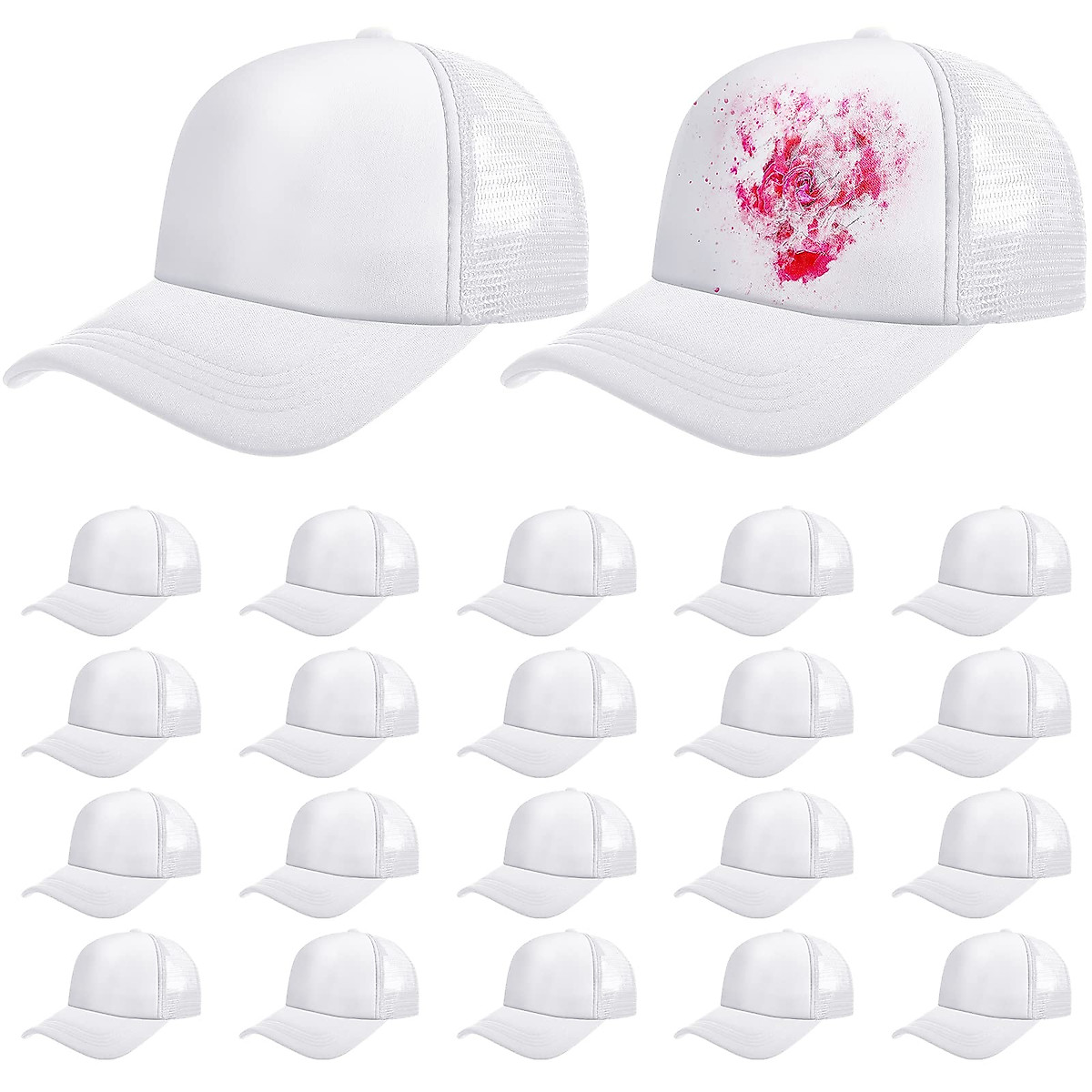 Vabean 24 Pack Sublimation Blank Cap Trucker Mesh Cap Unisex Plain Blank Baseball Hat for DIY Embroidery Sublimation Printing (White)