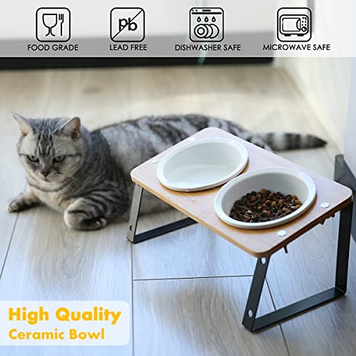 Elevated Ceramic Cat Bowls,15° Tilted Cat Bowls Stand for Food and Water,Adjustable Heights Raised Pet Feeding Dish with Bamboo Stand for Cats and Small Dogs,Anti Vomiting Cat Food Table