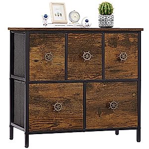 VECELO Bedroom with 5 Chest of Drawers for Living Room, Nursery, Entryway, Fabric Furniture Clothes Storage Tower with Steel, Wood Top, Small Dresser, Brown
