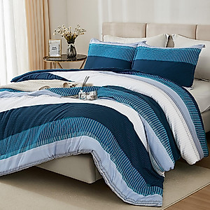 Litanika Navy Blue Comforter Full Size Set, 3 Pieces Bedding Set, Blue White Colorblock Stripe (79x90In Comforter & 2 Pillowcases)
