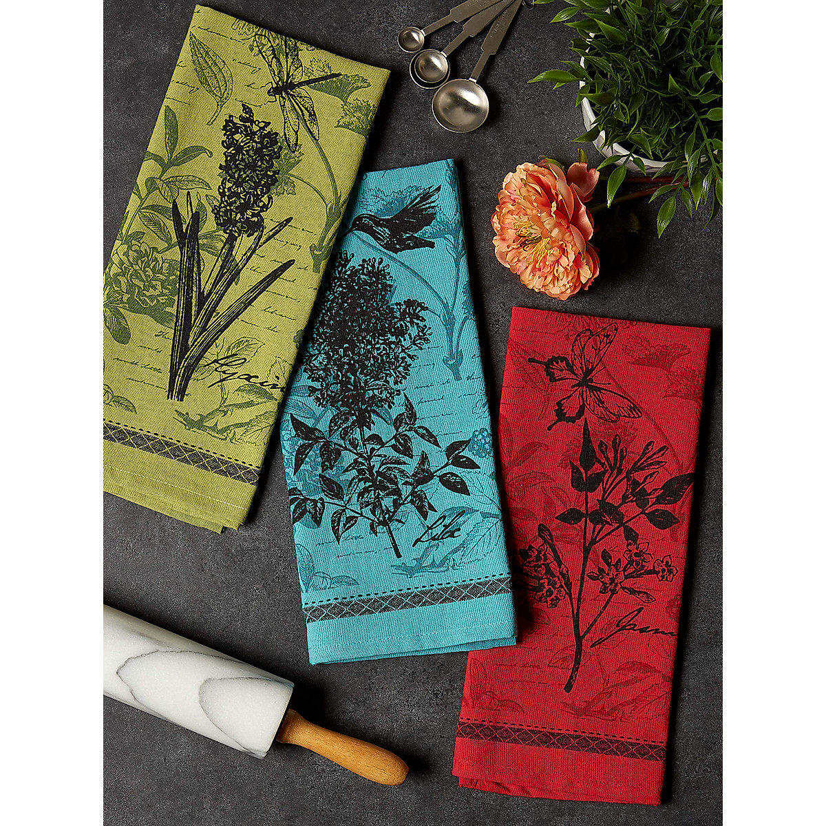 DII Botanical Print Tabletop Collection, Dishtowels, 18x28, Botanical Flowers 3 Piece