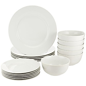 Amazon Basics Non-Stick Cookware Set, Pots, Pans and Utensils - 15-Piece Set & 18-Piece Kitchen Dinnerware Set, Dishes, Bowls, Service for 6, White