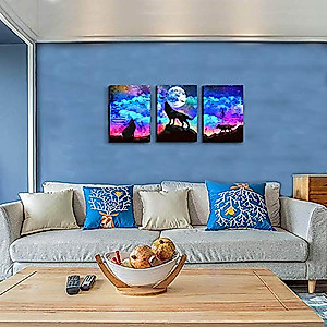 Canvas Wall Art For Living Room Bathroom Wall Decor For Bedroom Kitchen Artwork Canvas Art Prints 3 Pieces Modern Framed Office Home Decorations Blue Starry Sky Landscape Paintings Wolf Hang Pictures