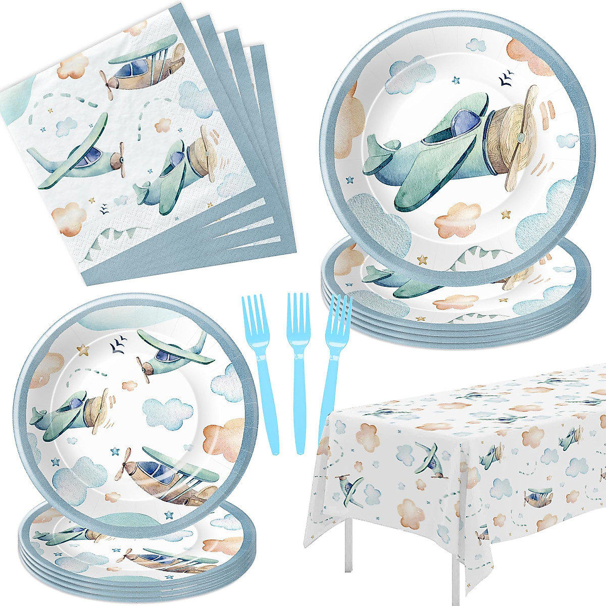 HIPVVILD Airplane Party Decorations Dinnerware - Airplane Birthday Party Supplies, Paper Plate, Napkin, Tablecloth, Fork, Airplane Theme Birthday Baby Shower Decorations Party Tableware | Serve 24