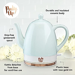 Pinky Up Noelle 1.5 L Ceramic Electric Tea Kettle, Mint, Rose Gold, Gooseneck Spout, Cordless Design
